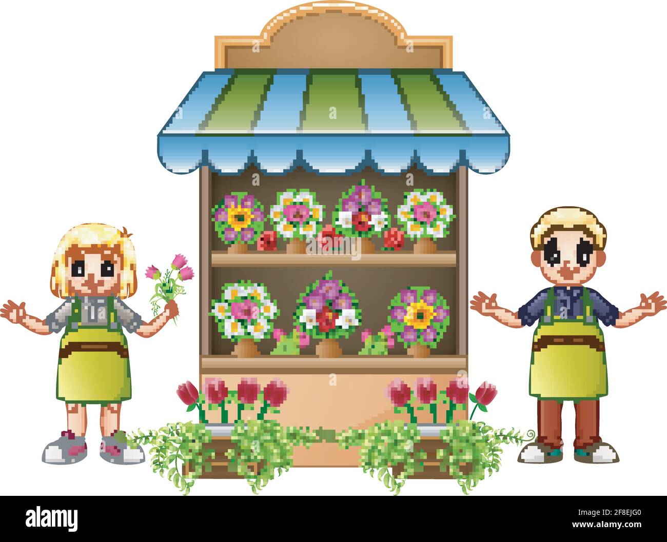 Vector illustration of Florist girl and boy in the flower shop Stock ...