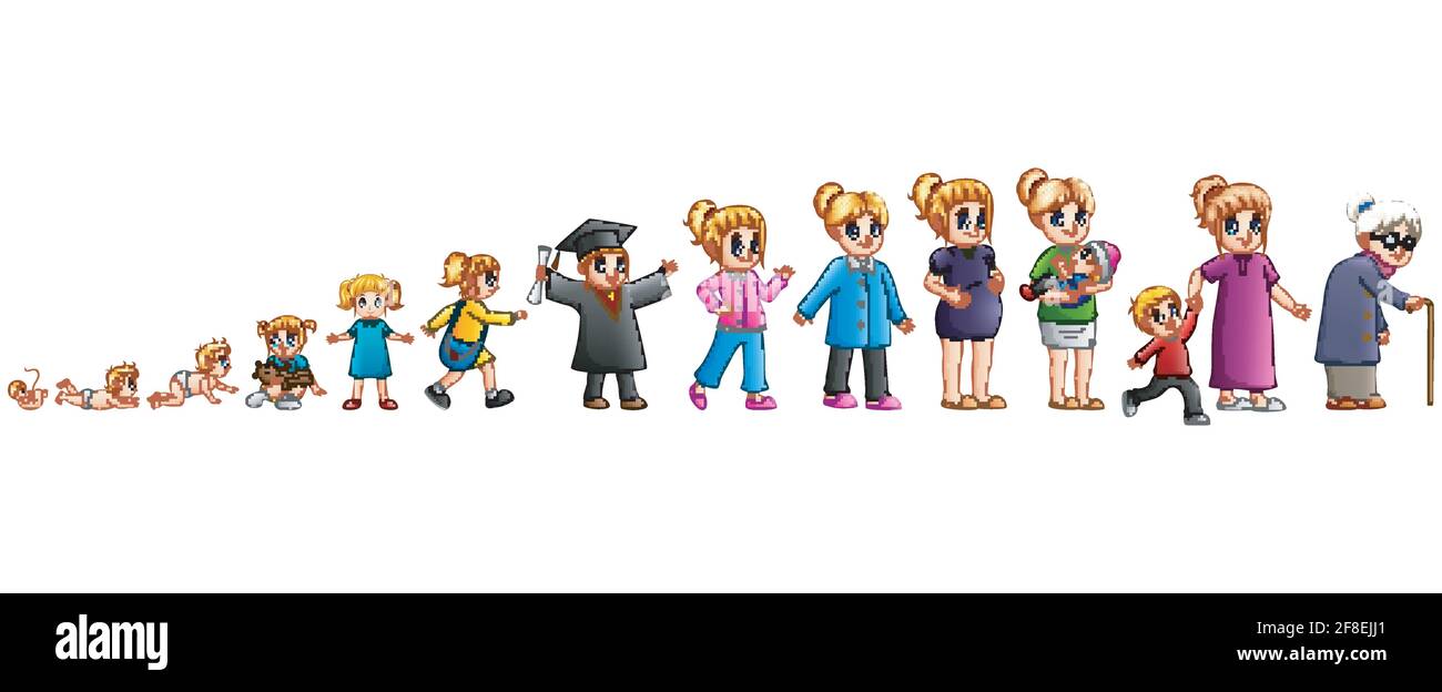 Vector illustration of Different stage of life of a female from baby to ...