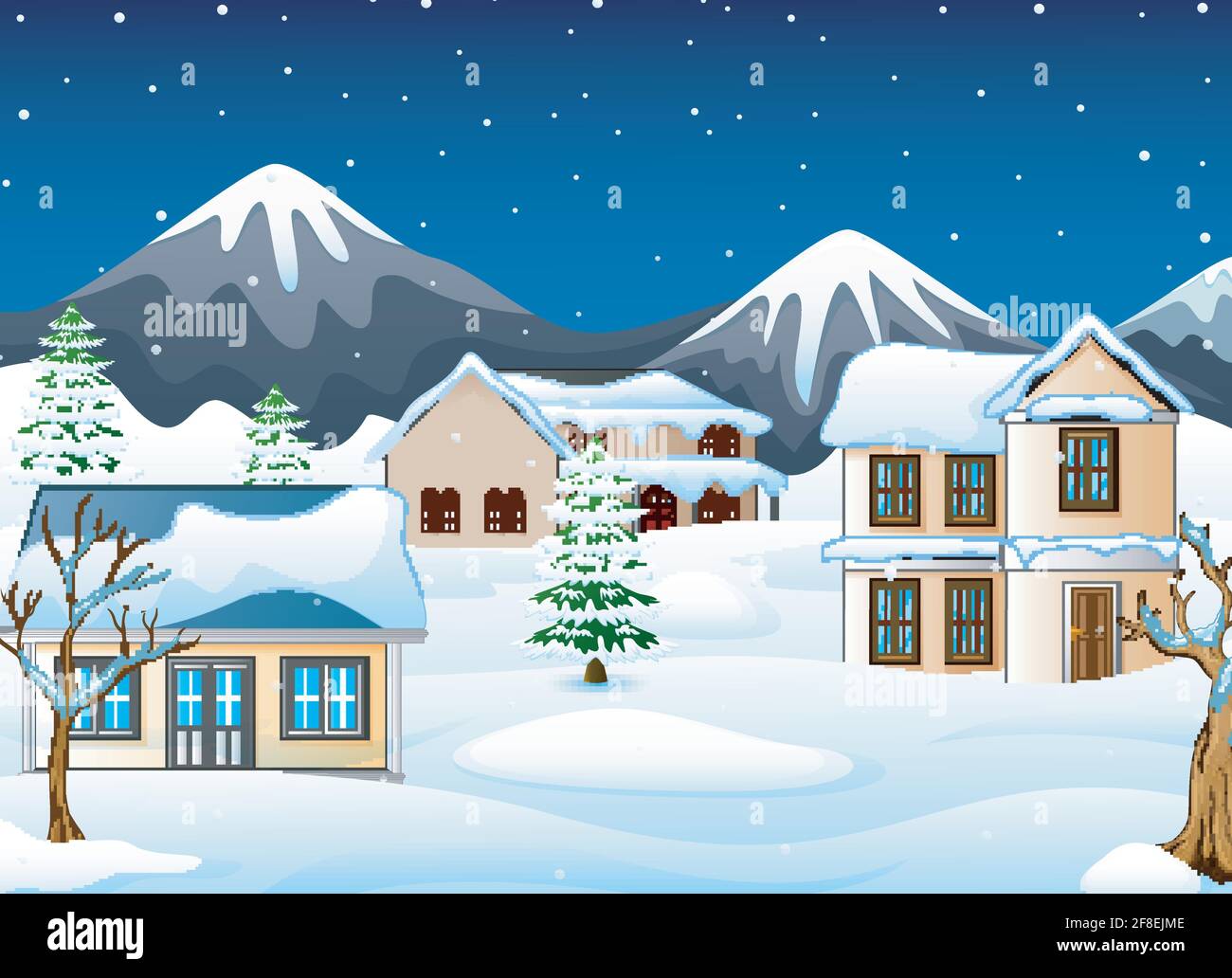 Vector illustration of Winter night landscape with mountains and snow ...