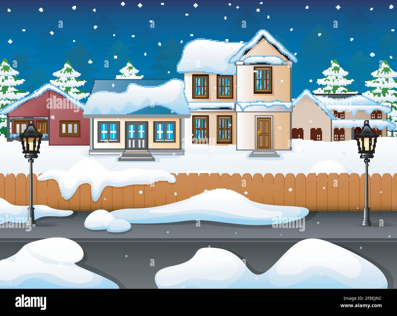 Vector illustration of Winter night landscape with house and snowy on ...