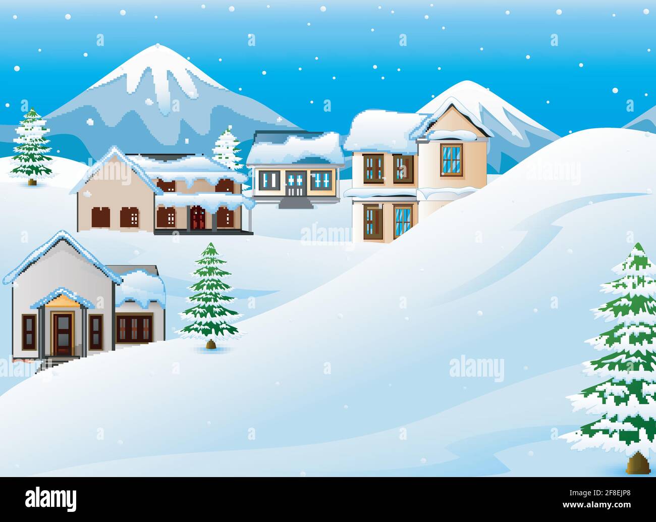 Vector illustration of Winter landscape with mountains and snow covered ...