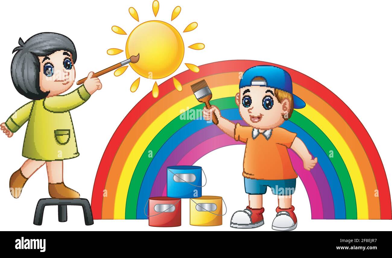 Vector illustration of Cartoon kids painting rainbow and sun Stock ...