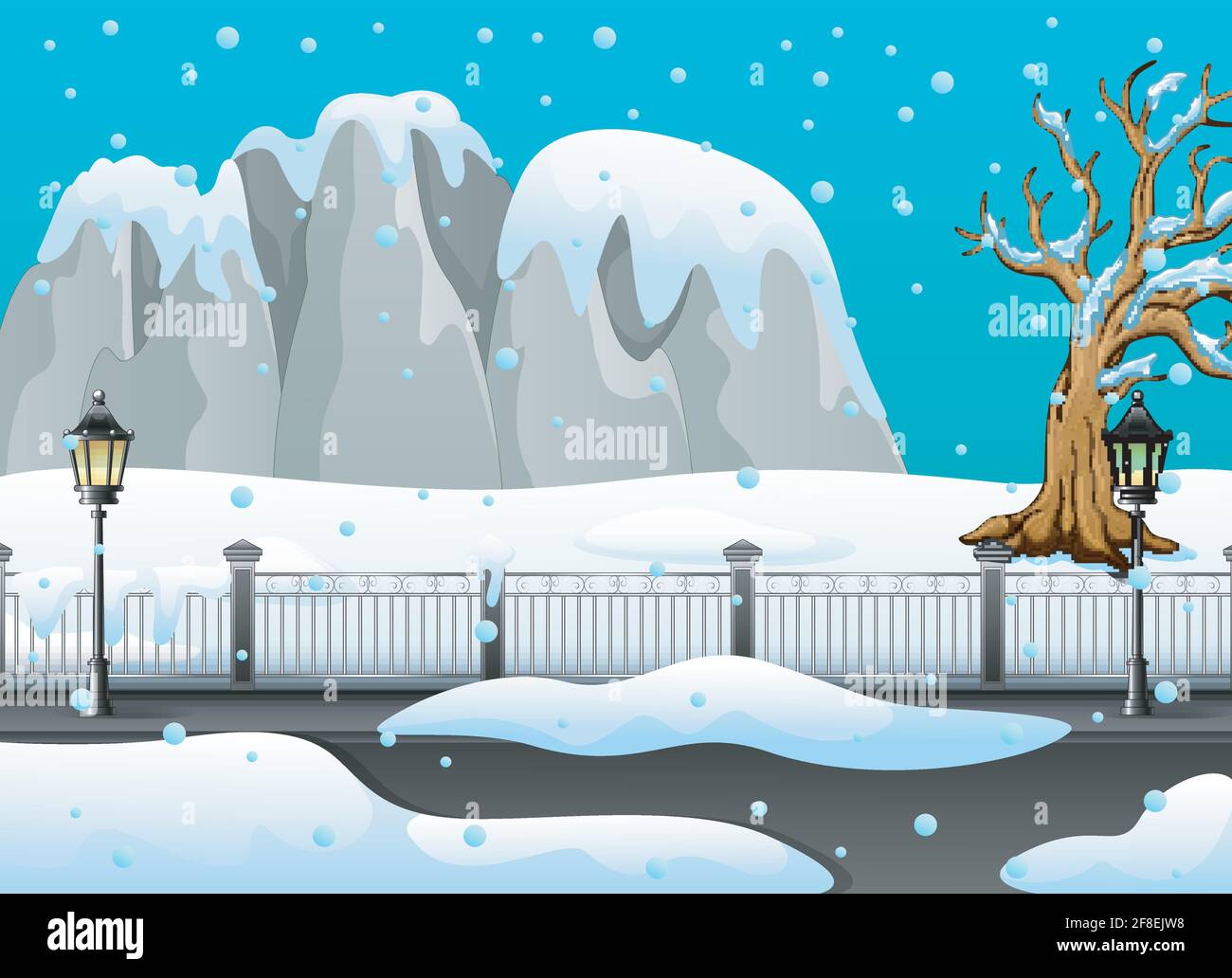 Vector illustration of Winter landscape with snowy rocks and snow on ...