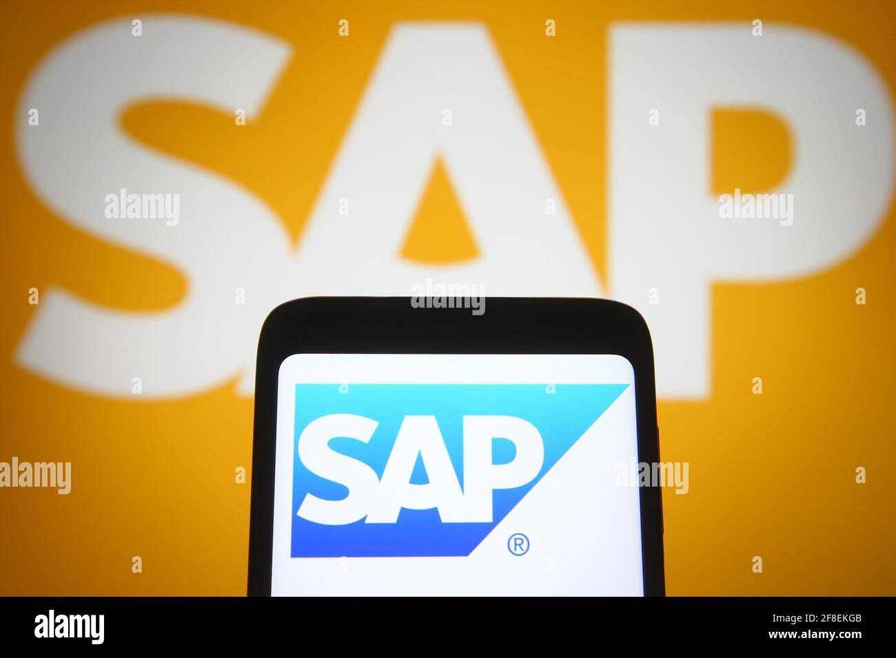 In this photo illustration the SAP logo of a German software company is ...