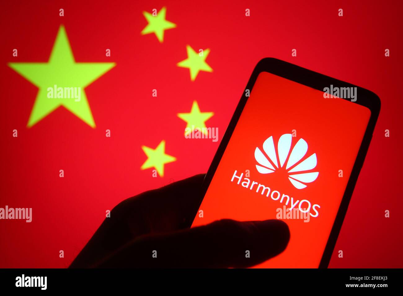 In this photo illustration the Huawei and HarmonyOS logo of an ...