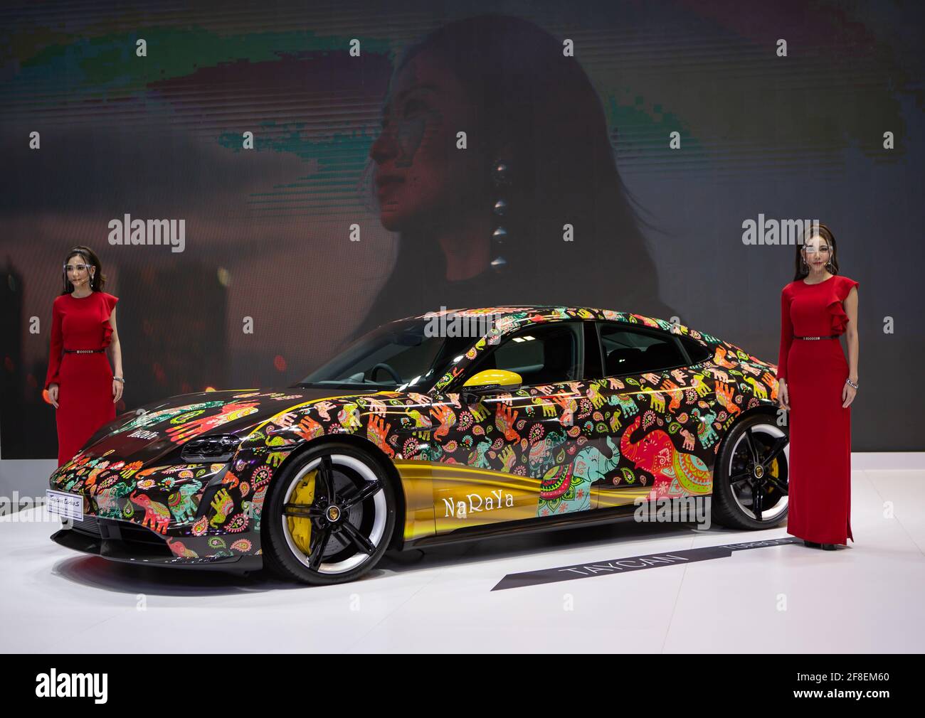 Bangkok, Thailand - April 4, 2021: Presenters with EV car Porsche ...