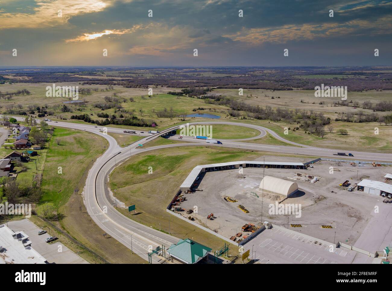 High drone view above highways, interchanges the roads on interstate ...