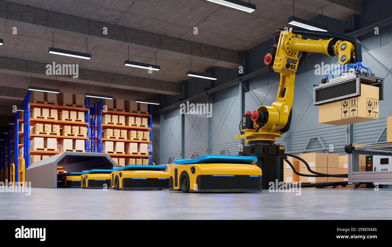 Factory Automation with AGV and robotic arm in transportation to ...