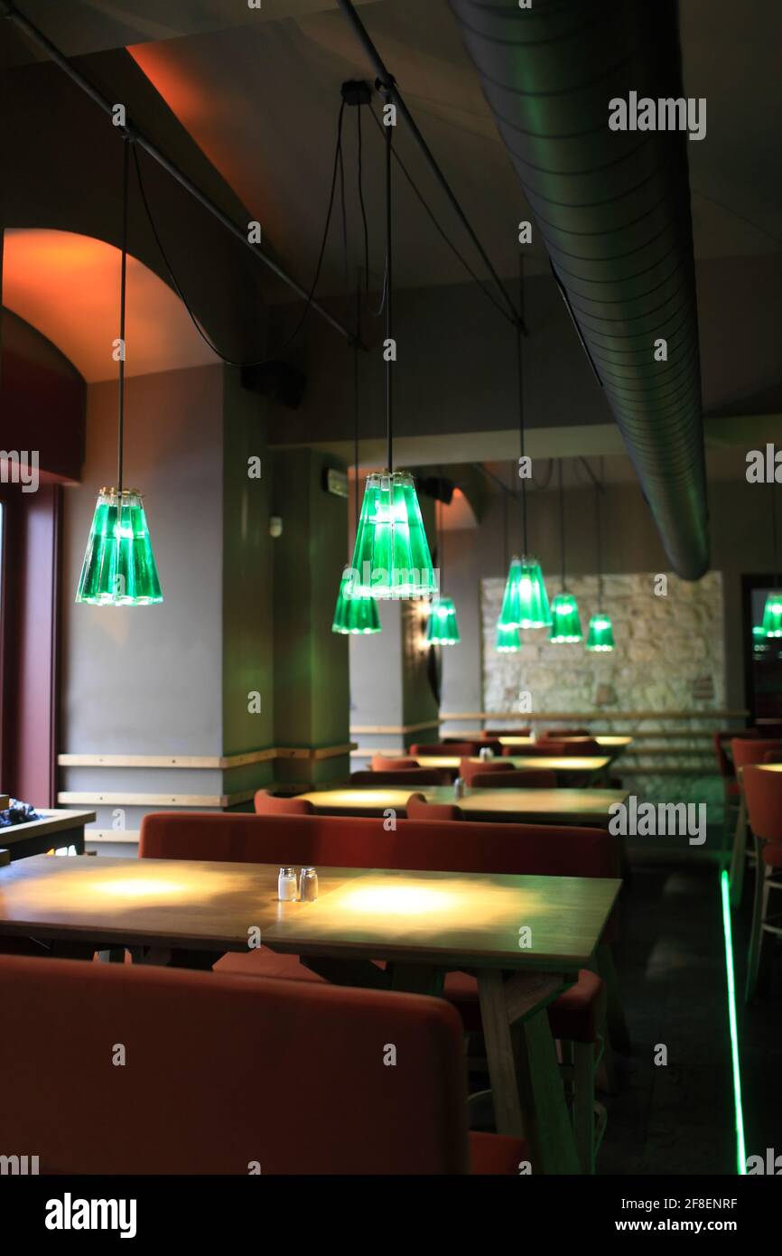 Interior of the empty restaurant at night Stock Photo - Alamy