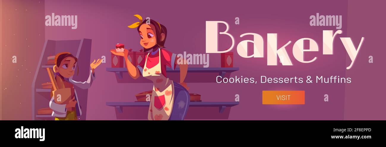 Bakery poster with woman, girl and cakes on shelves. Vector flyer of ...