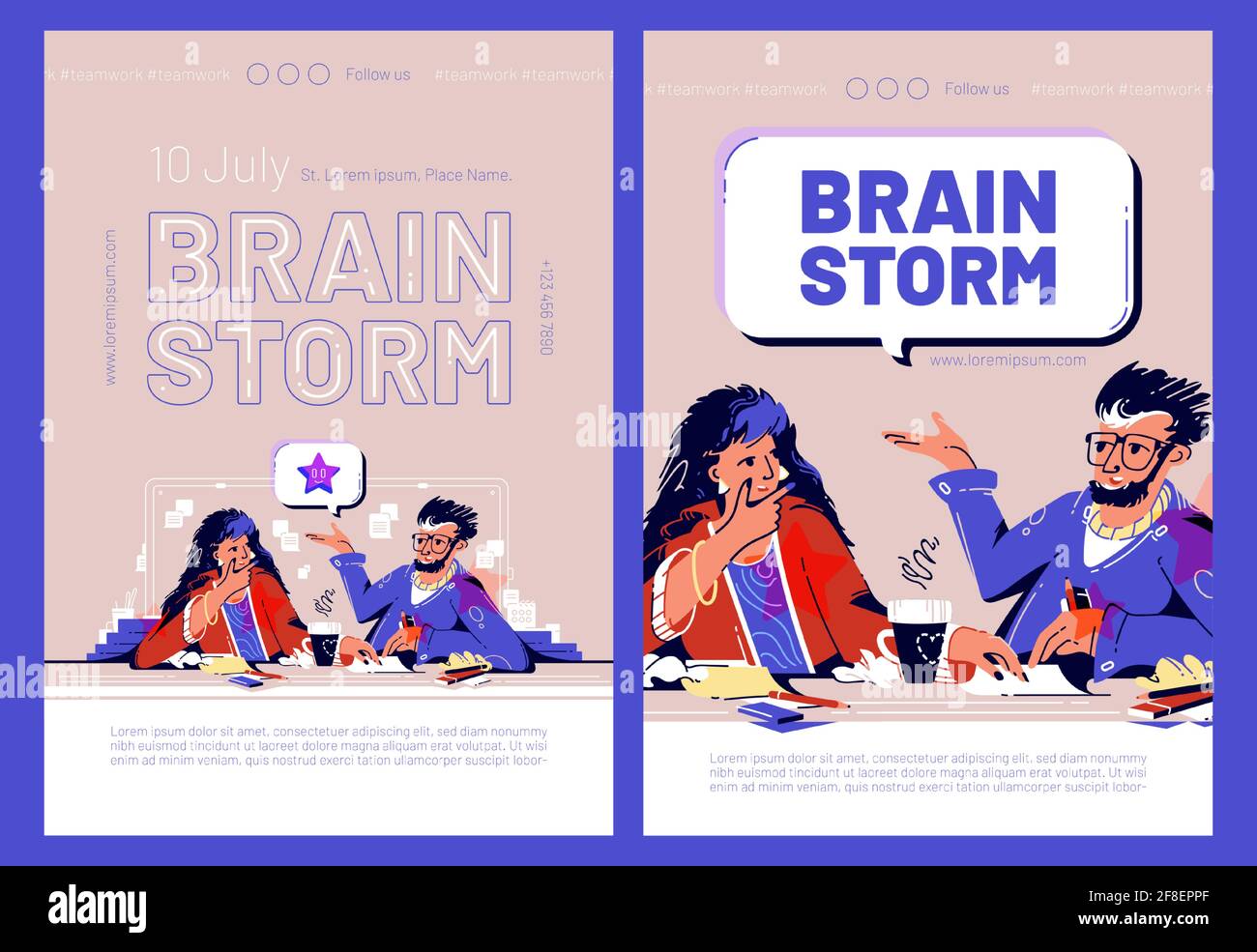 Brain storm cartoon web banners with business people think idea ...