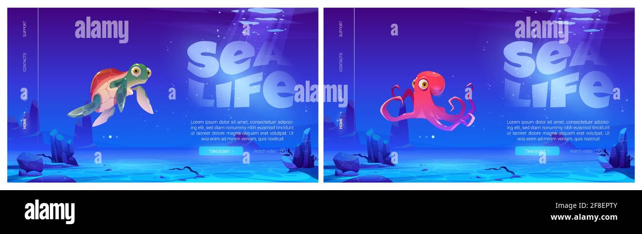 Sea life landing page, scuba diving banner. Funny octopus and turtle ...