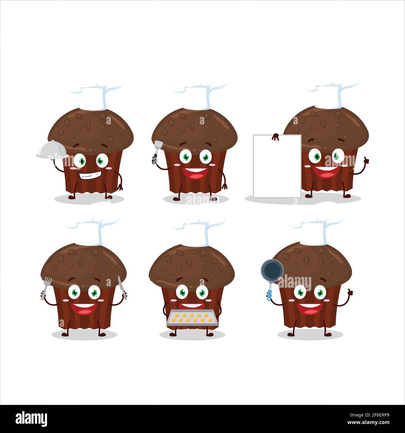Cartoon character of chocolate muffin with various chef emoticons ...