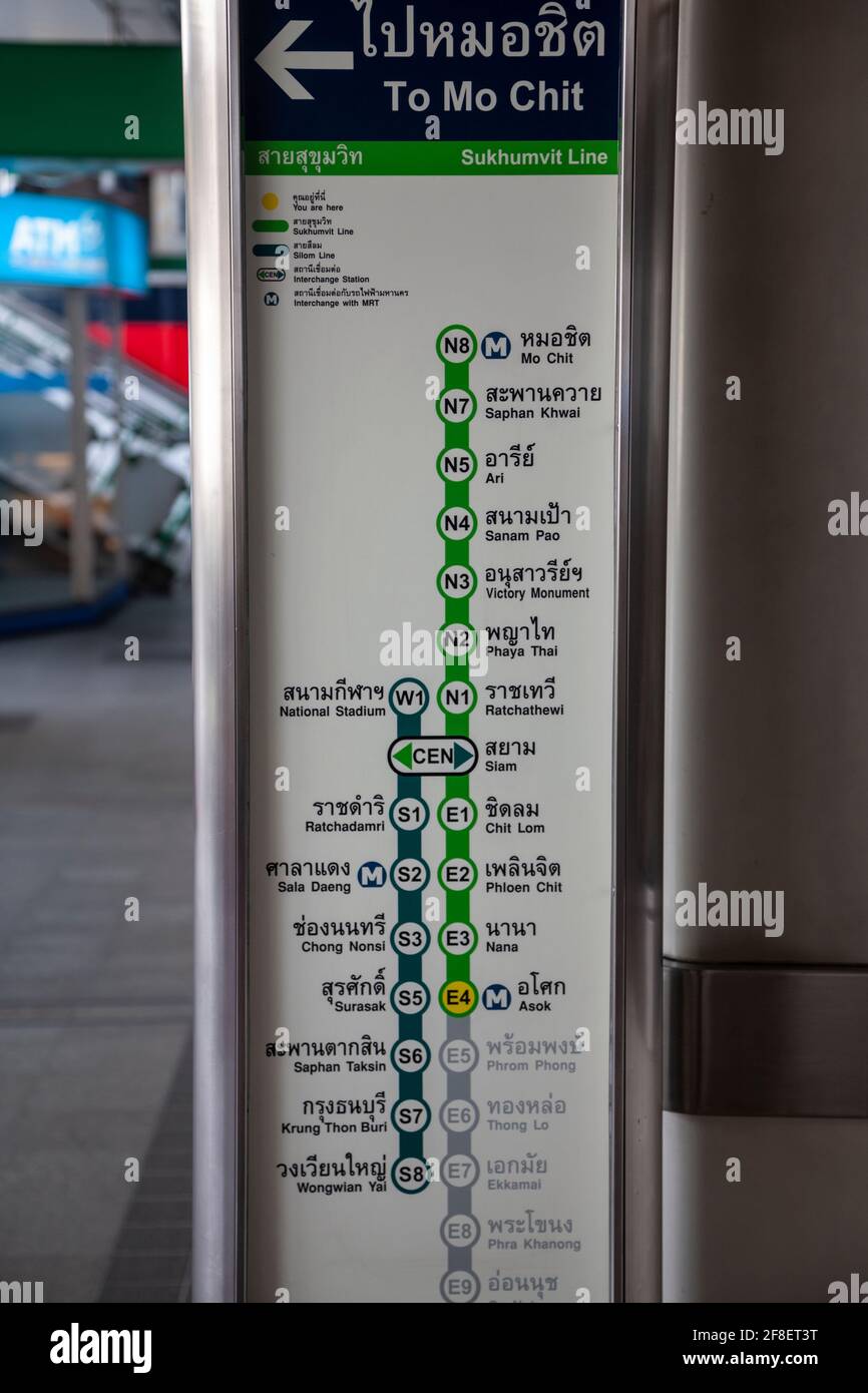 Close up view of a signboard showing the Sukhumvit metro line stations ...