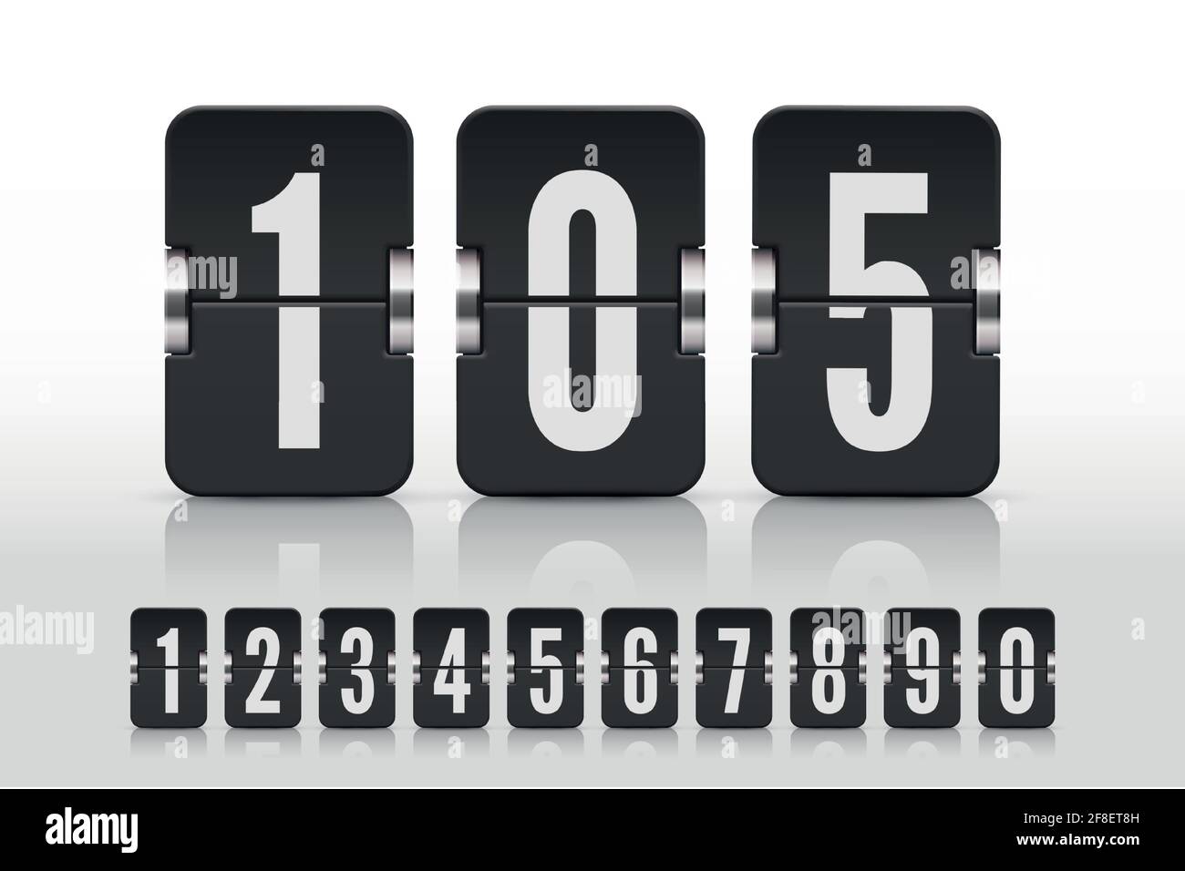 Set of black flip numbers on a mechanical scoreboard with reflection ...