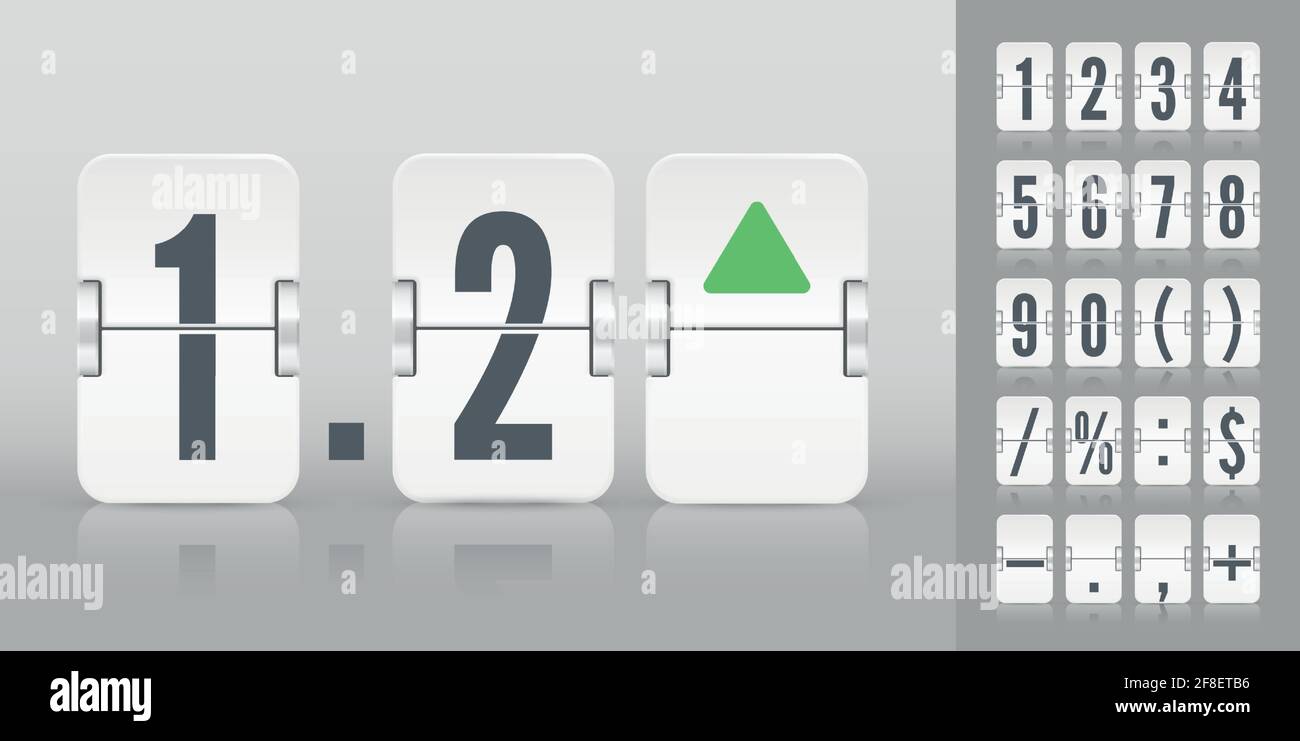 Flip number and symbol scoreboard on light background. White analog flip airport board for ...