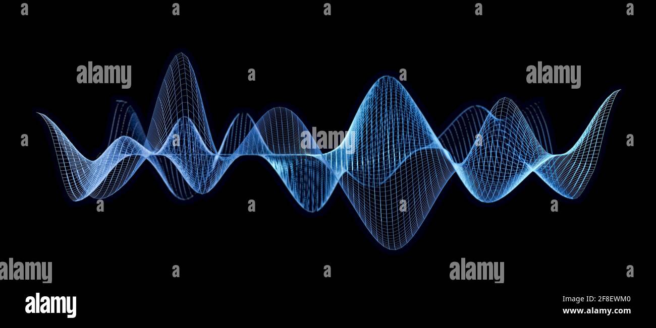 Sound waves or audio waves, visualization as blue grid or wireframe ...