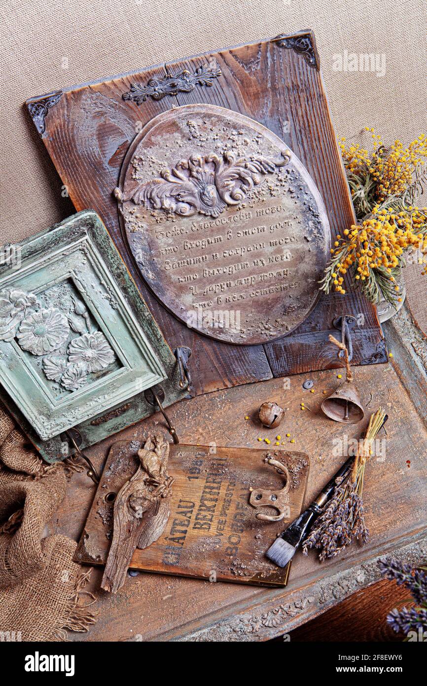 Still life with handmade artworks on a wooden studio background Stock ...