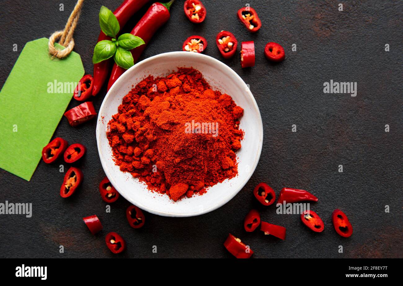 Red chili pepper, dried chillies on dark background. Top view Stock ...