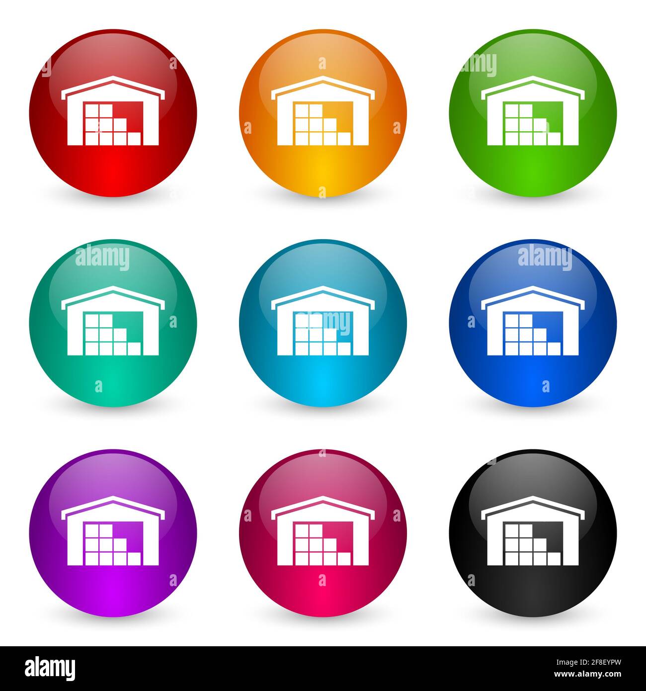 Warehouse, storage icon set, colorful glossy 3d rendering ball buttons ...