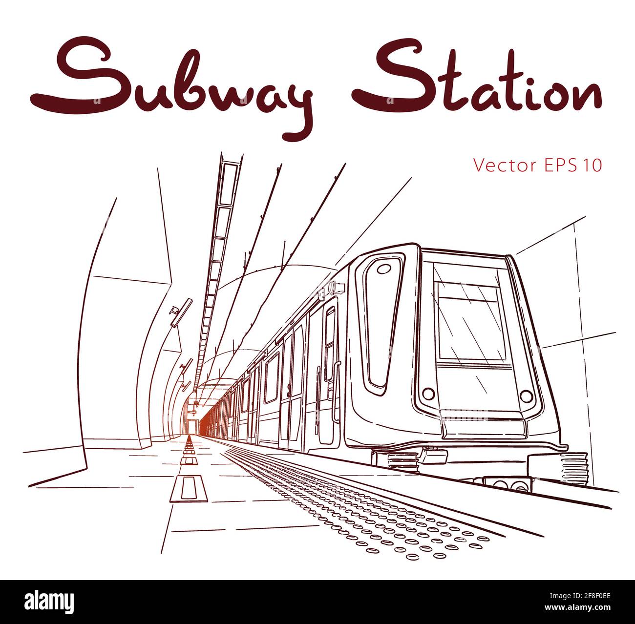 Hand drawn ink line sketch subway station, train in outline style ...