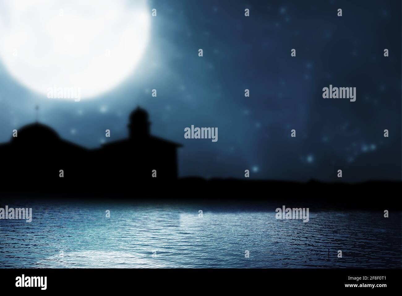 Silhouette of a mosque with lake and night scene background Stock Photo ...