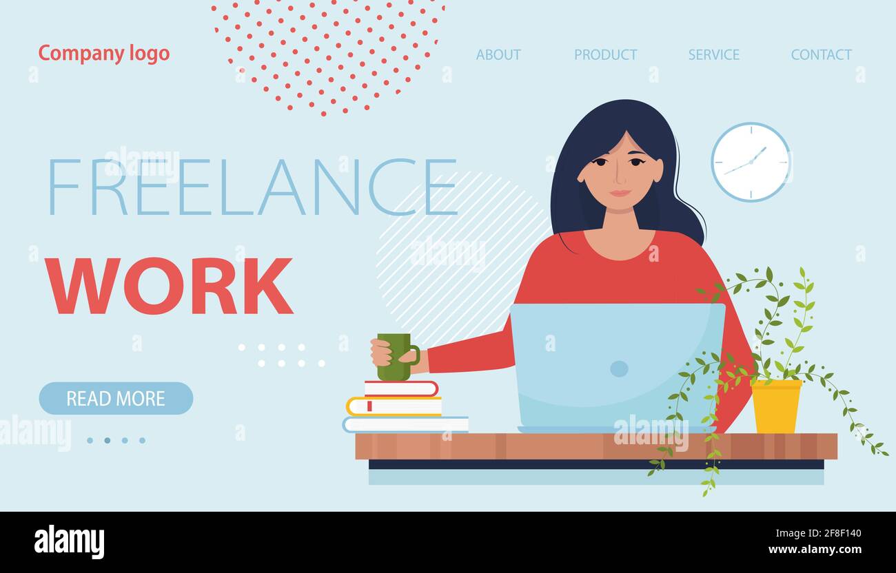 Freelance work - woman working with laptop. Landing page template ...
