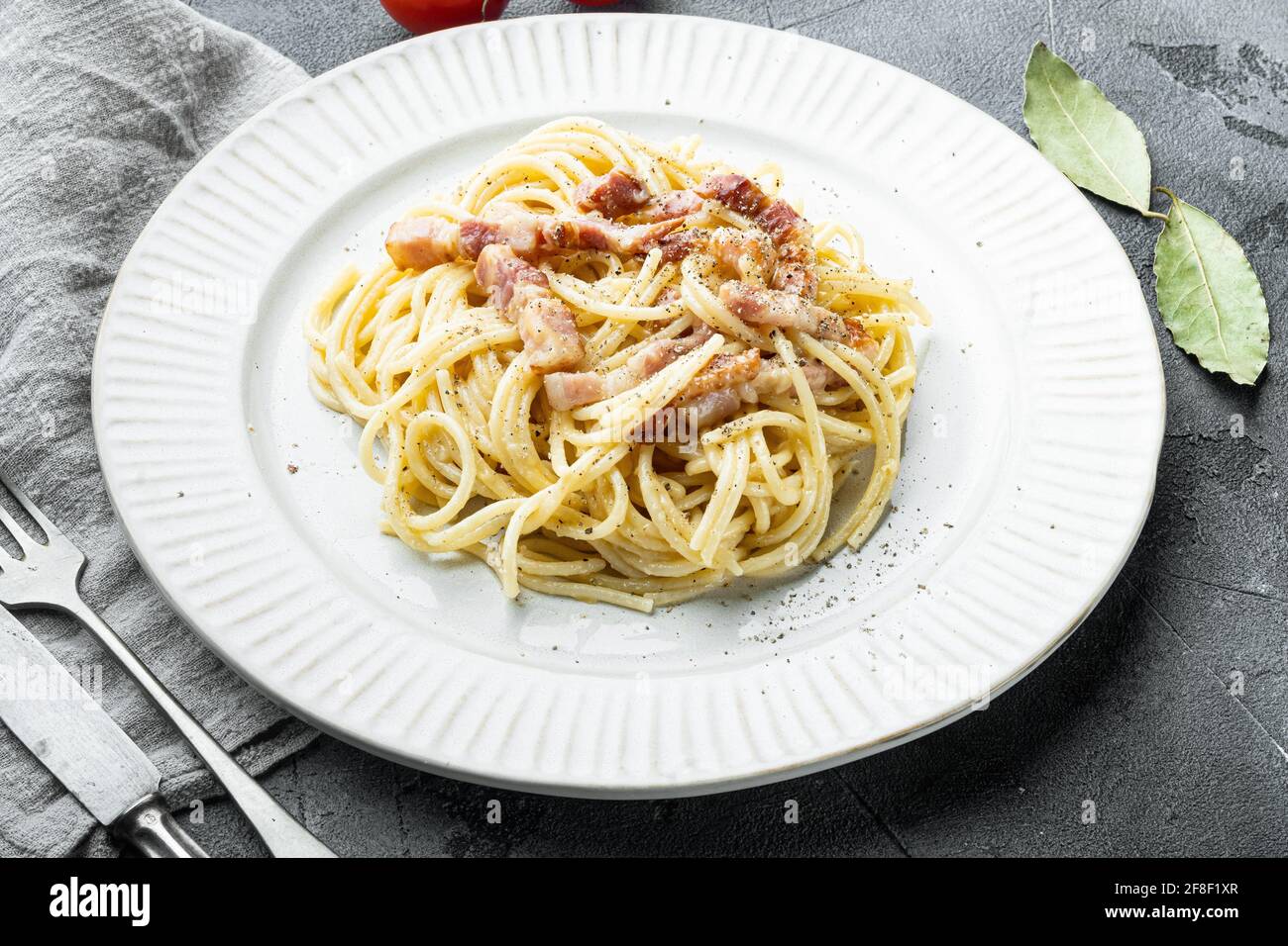 Homemade Carbonara pasta set, on gray stone background Stock Photo - Alamy