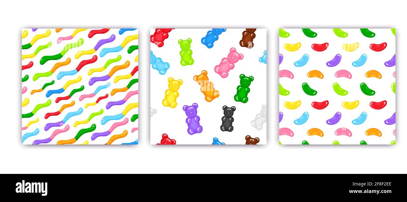 3 Gummy bear, jelly worms and beans sweet candy seamless pattern set ...