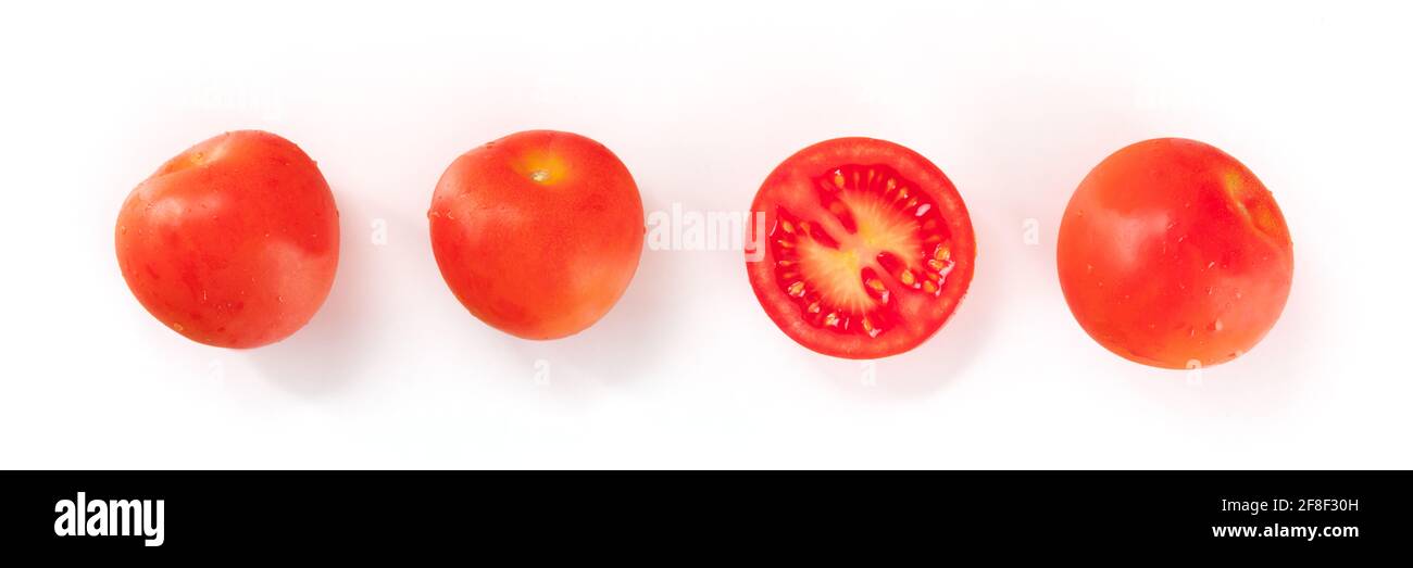 Fresh red tomato panorama, overhead flat lay shot on a white background ...
