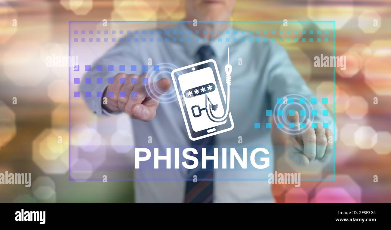 Man touching a phishing concept on a touch screen with his fingers ...
