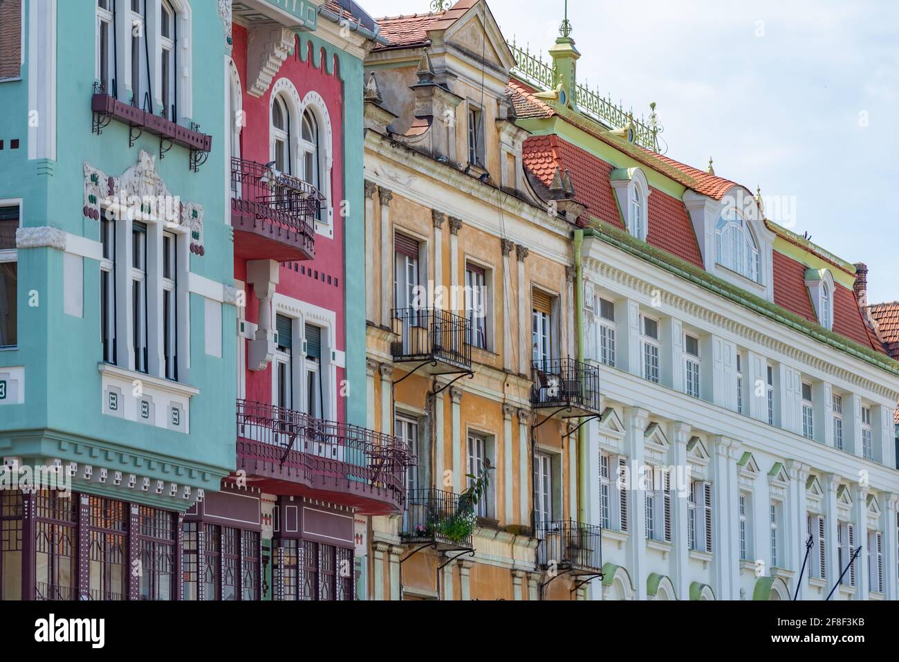 Colorful facades at the Union square in Timisoara, Romania Stock Photo ...