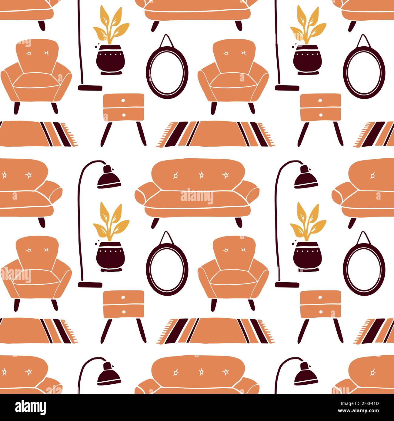 Seamless pattern of living room furniture elements, sofa, chair, shelf ...