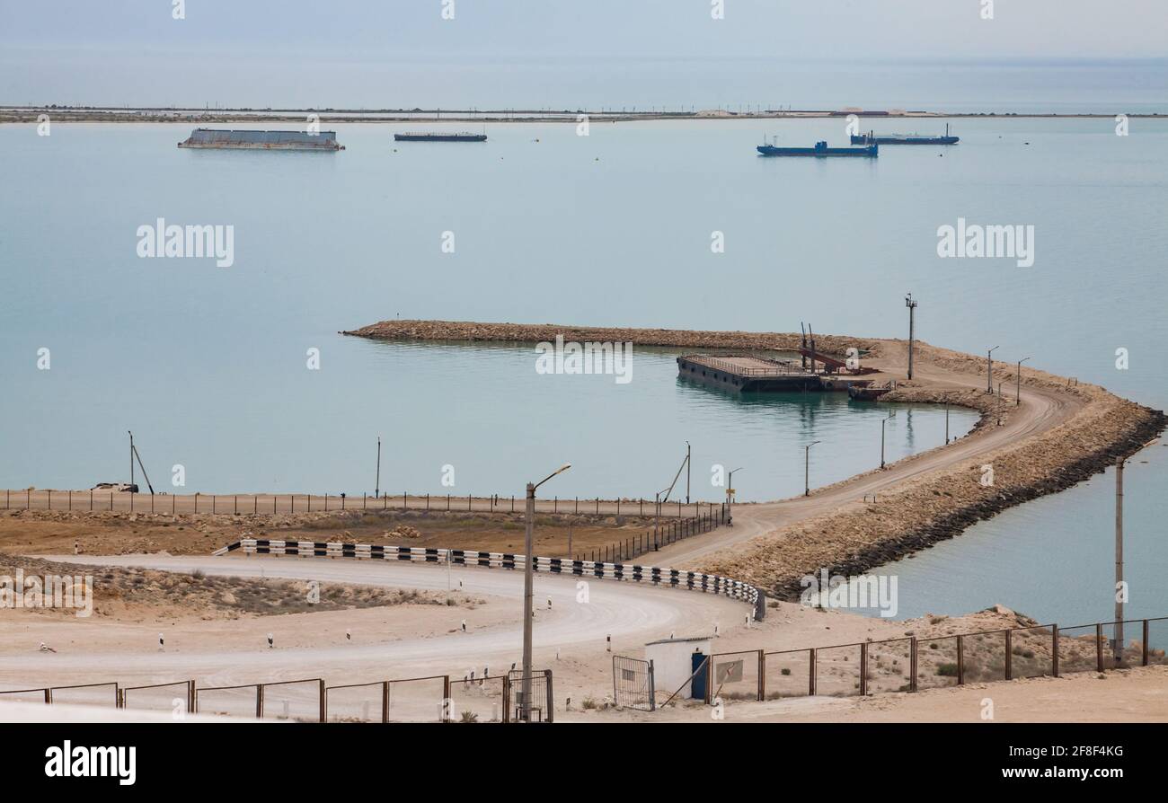 Oil tanker ships seaport.Oil loading terminal. Pier and road. Caspian ...
