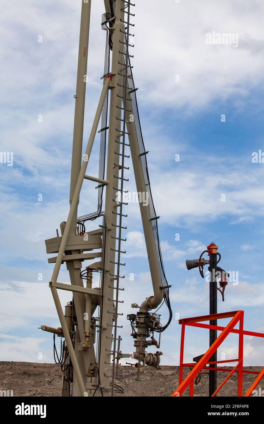 Oil loading terminal of Caspian sea. Bautino bay. Loading arm close up ...