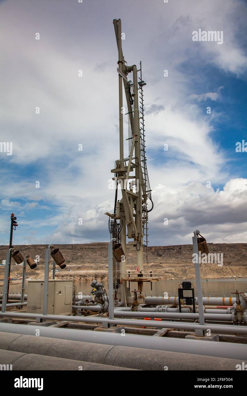 Bautino bay. Oil loading terminal on Caspian sea. Loading arm and ...