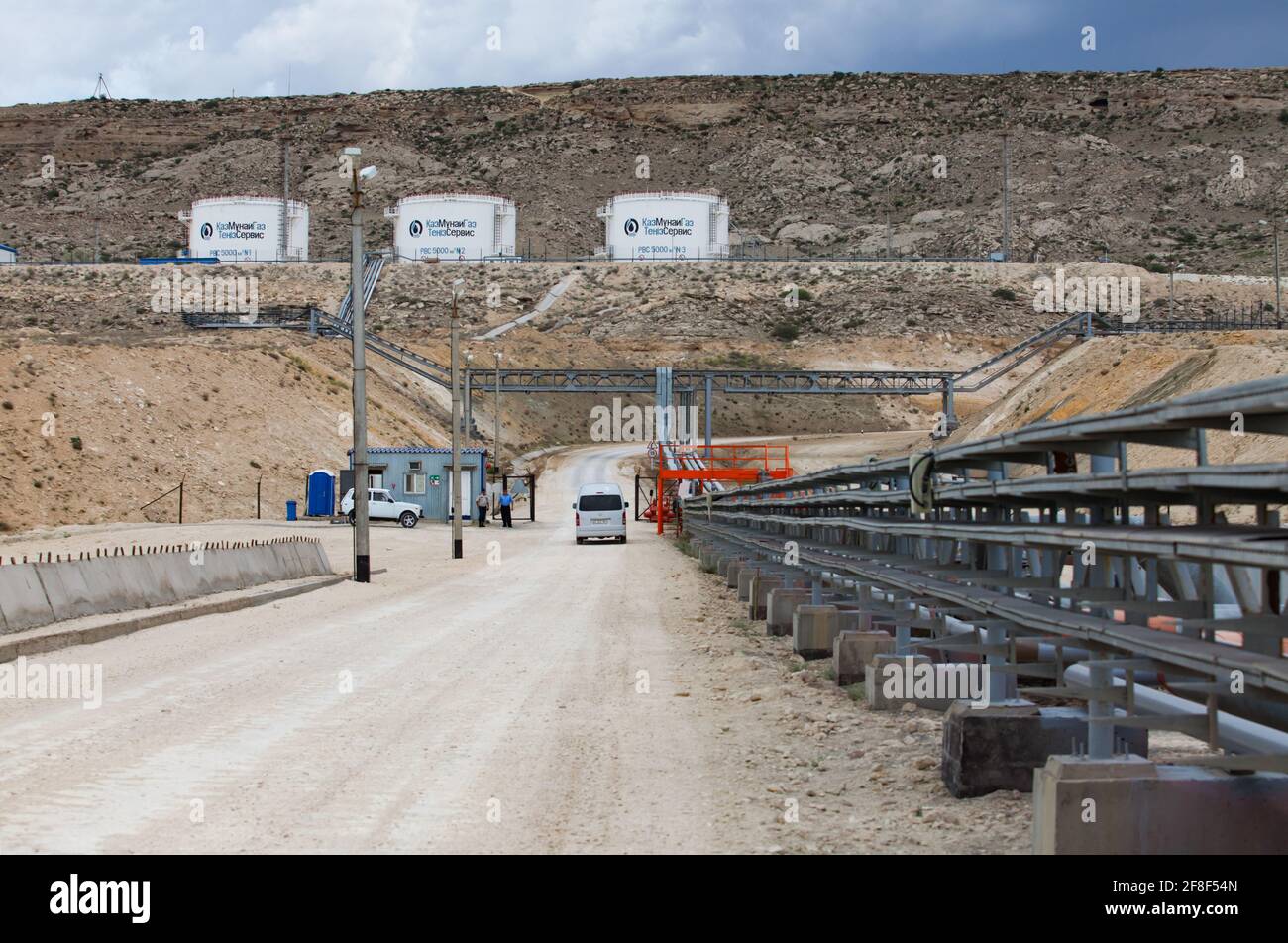 Mangystau, Kazakhstan, Bautino bay. Road to loading terminal for oil ...