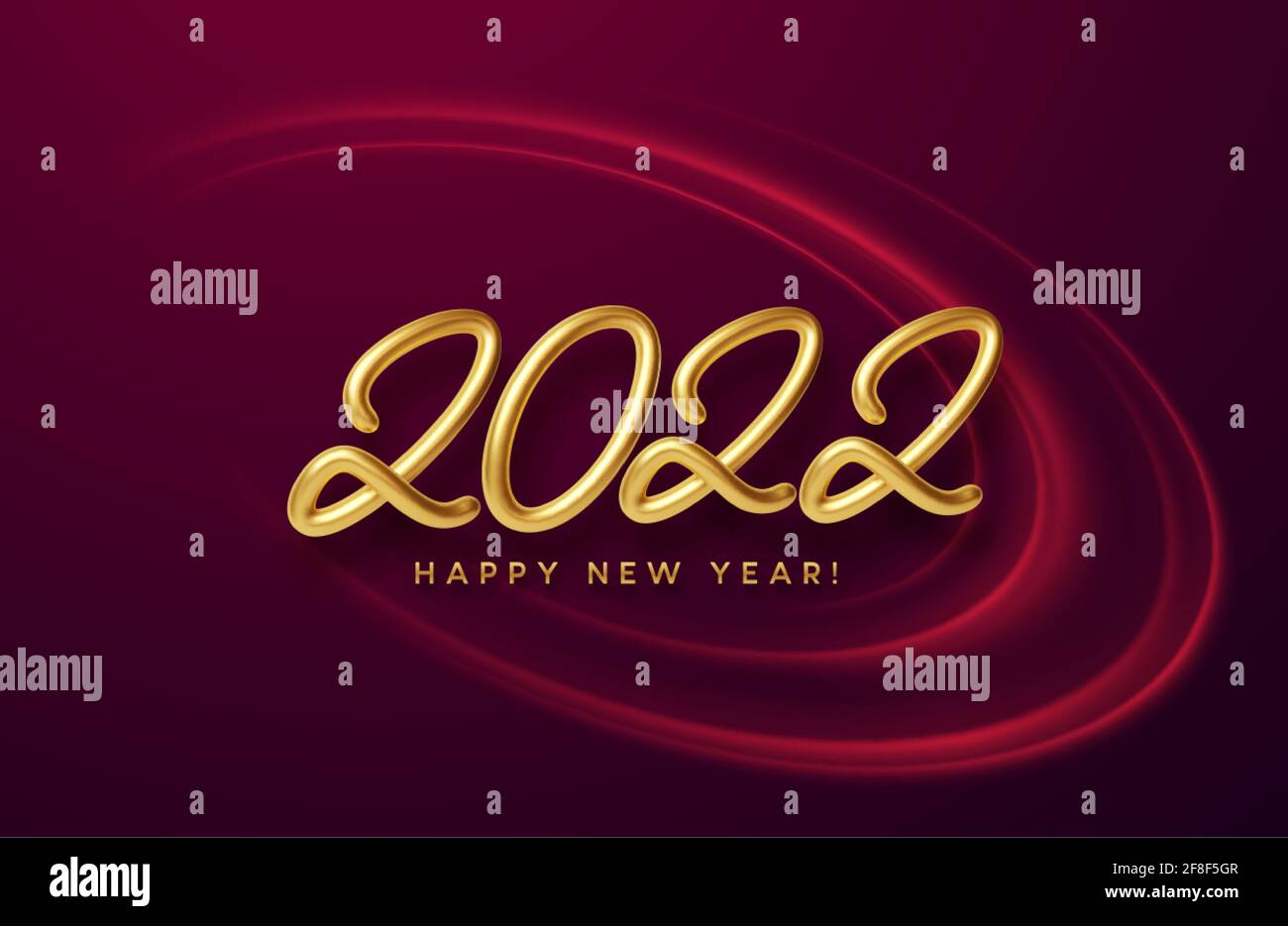 Calendar header 2022 realistic metallic gold number on red wave swirl ...