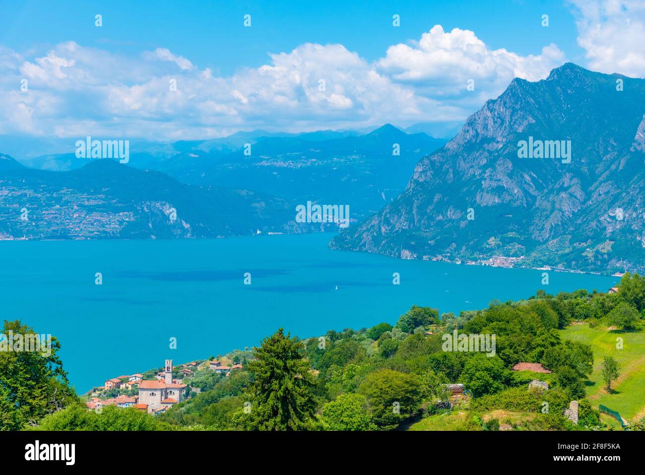 Aerial view of Iseo lake and Siviano village from Monte Isola in Italy ...