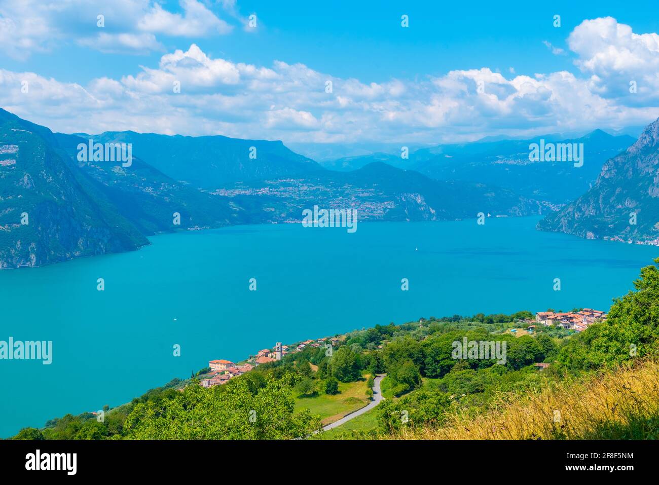 Aerial view of Iseo lake and Siviano village from Monte Isola in Italy ...