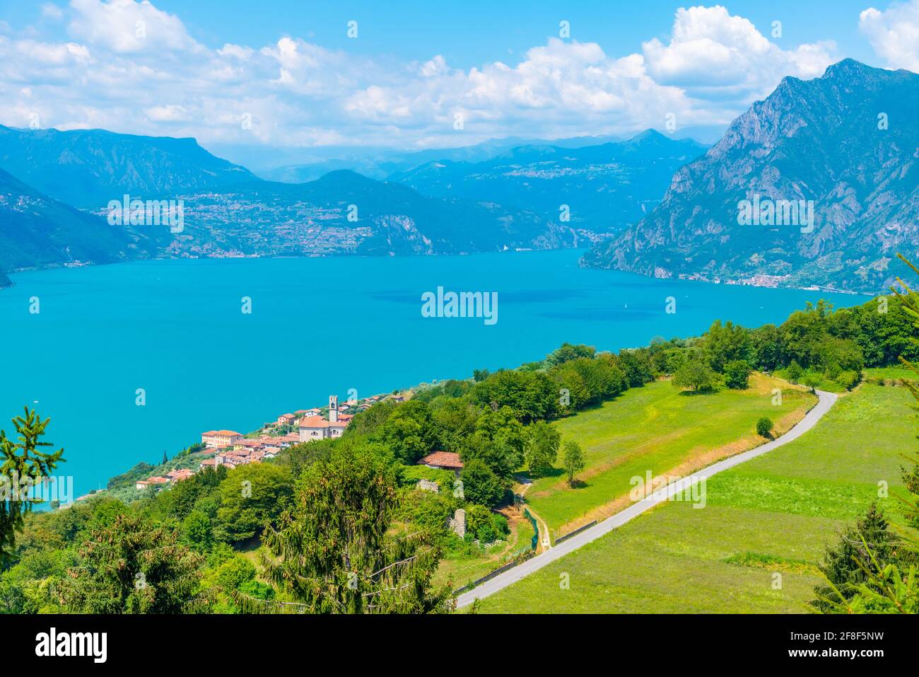 Aerial view of Iseo lake and Siviano village from Monte Isola in Italy ...