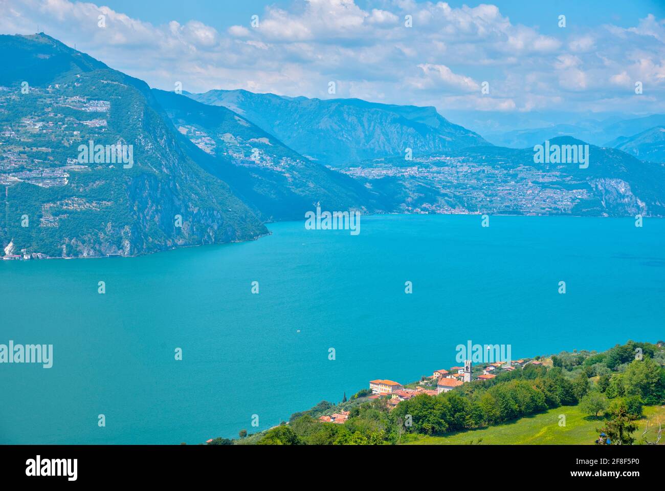 Aerial view of Iseo lake and Siviano village from Monte Isola in Italy ...