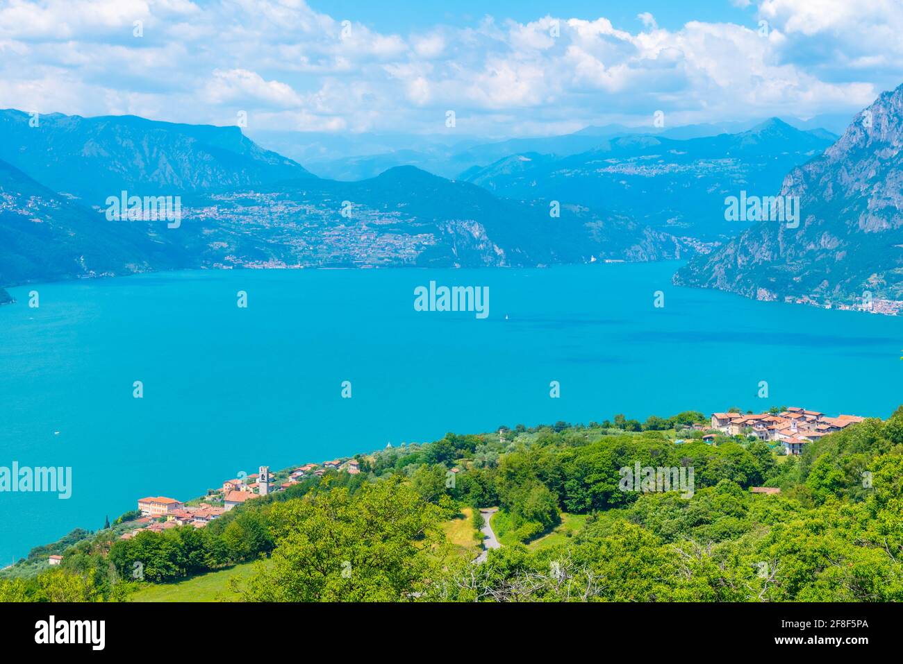 Aerial view of Iseo lake and Siviano village from Monte Isola in Italy ...