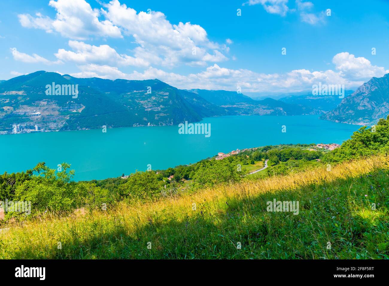 Aerial view of Iseo lake and Siviano village from Monte Isola in Italy ...