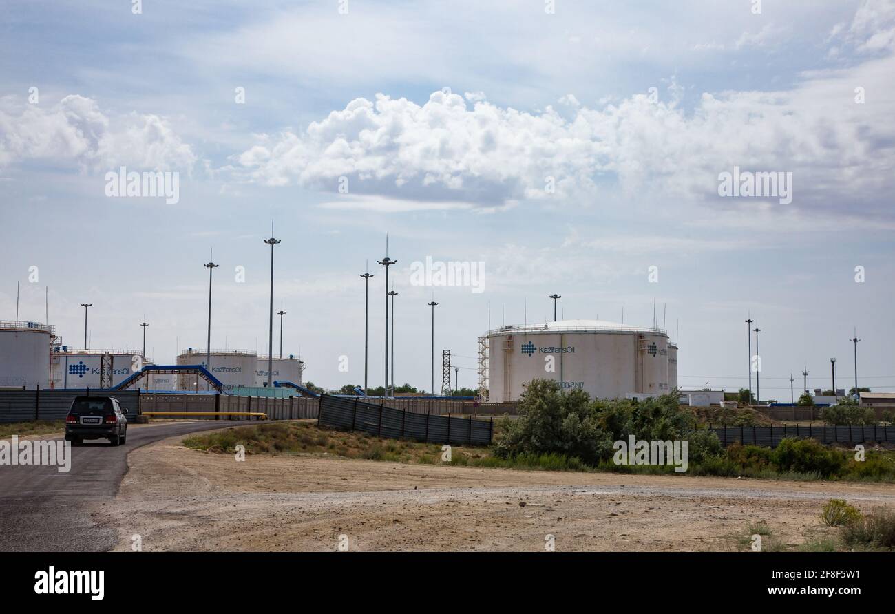 Aktau,Kazakhstan - May 19 2012: Oil storage terminal on Caspian sea ...
