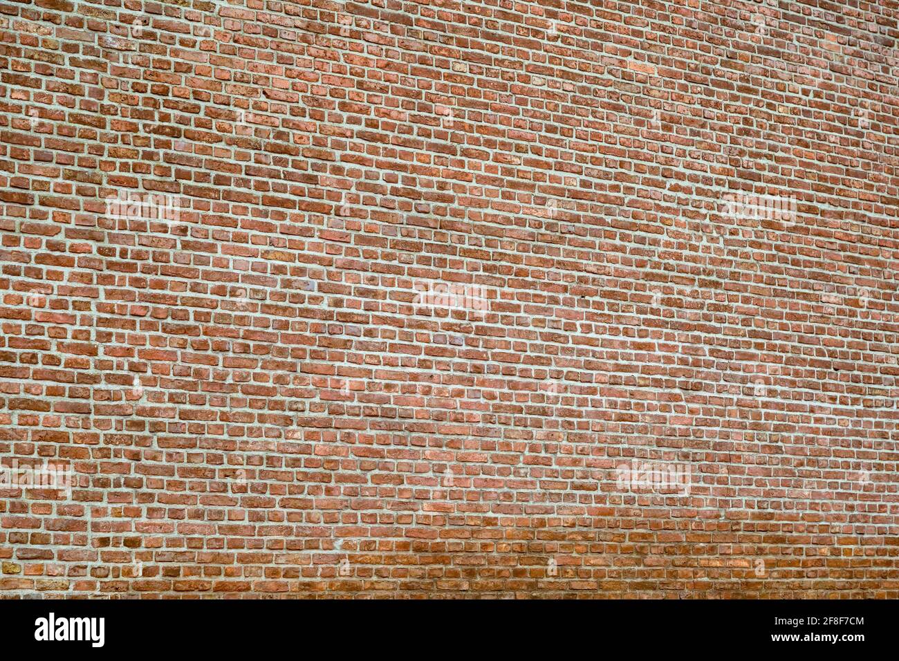 A very large wall of red bricks with some moisture in the lower part ...