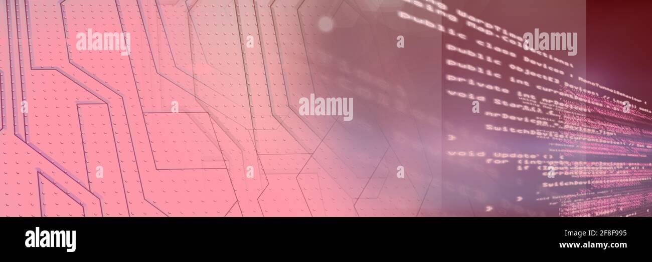 Computer code and metal machine parts against gradient background, program coding concept Stock ...