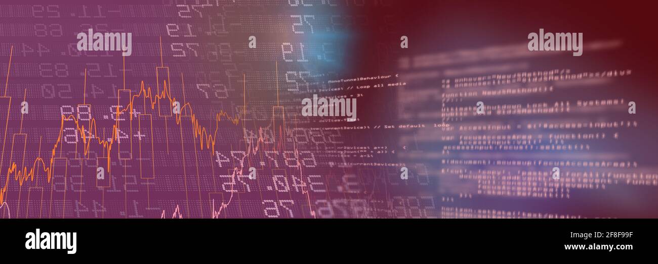 Financial data and computer code against gradient background, finance ...