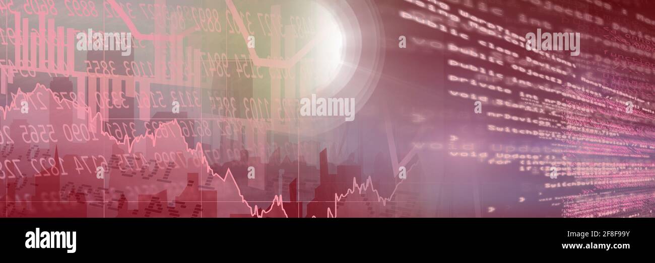 Financial data and computer code against city landscape, finance and ...