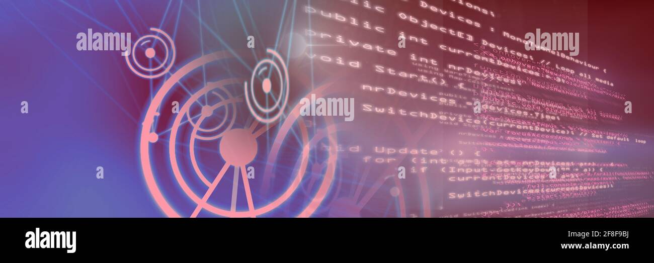 Computer code and network of connection against gradient background, program coding concept ...